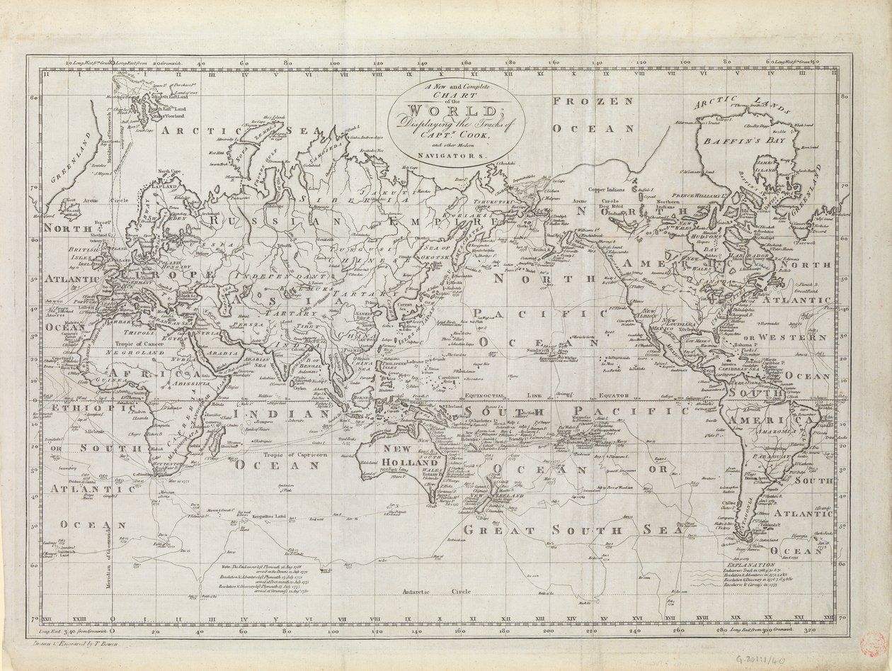 World map displaying the tracks of Captain Cook