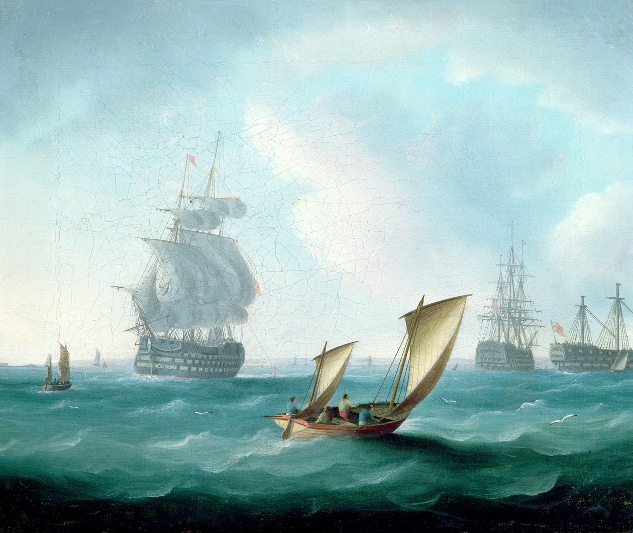 British Men-o'-war and a Hulk in a Swell, a Sailing Boat in the Foreground