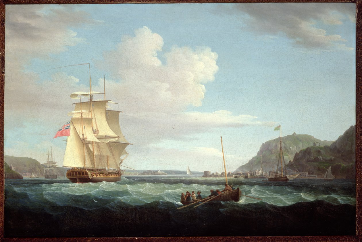 A British Frigate with a Longboat off the Headland of Gallows Hill ...