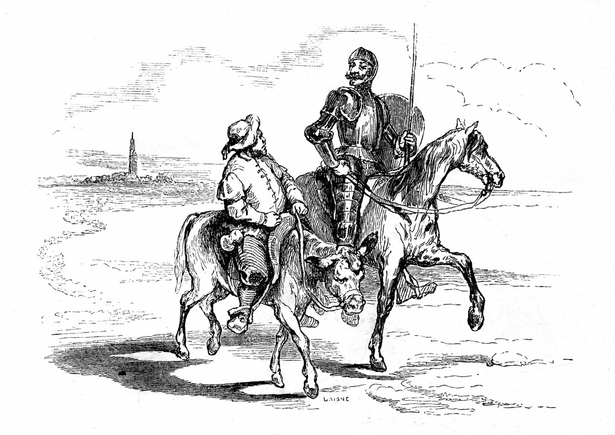 Don Quixote rides on his horse Rossinante with his squire Sancho Panza ...