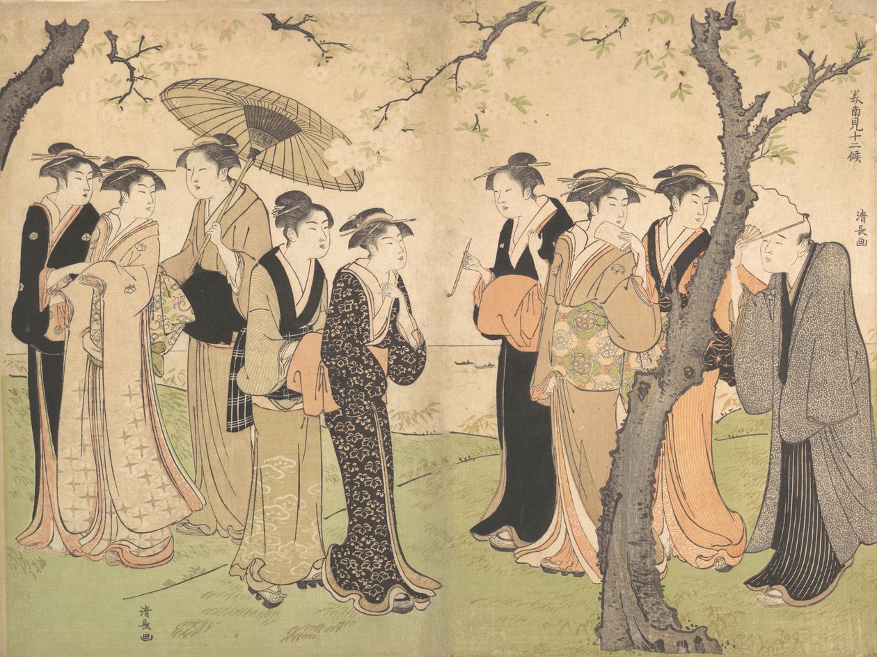 Group of Six Geisha Under the Cherry Trees on Gotenyama