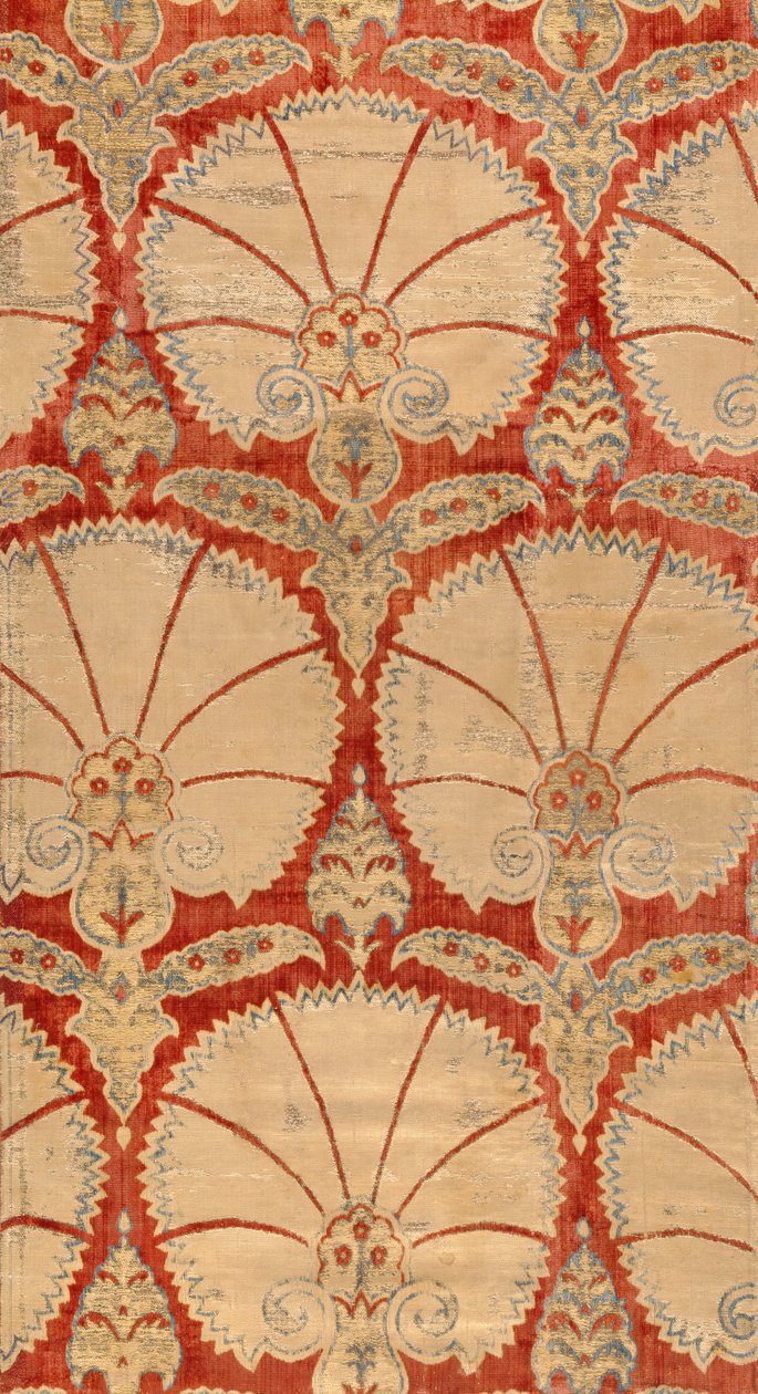 Panel of red cut velvet with carnation palmettes in gold and silver