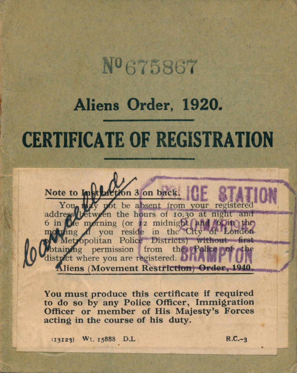 Aliens Order, Certificate of Registration by Unbekannt