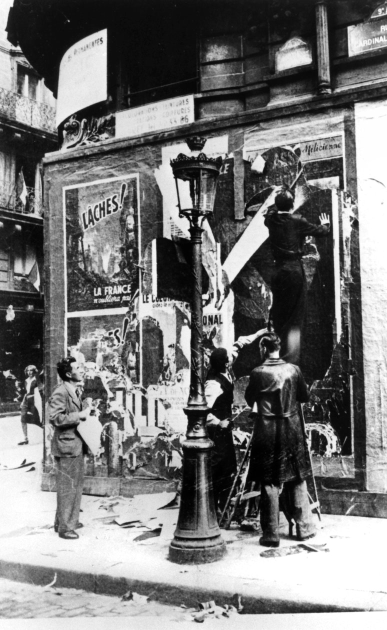 Billboard with Men Putting Up Propaganda Posters, Paris, World War II