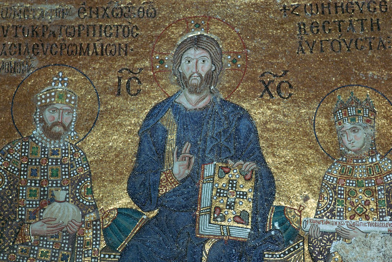 Byzantine Mosaic Showing Christ Enthroned Between Earthly Rulers