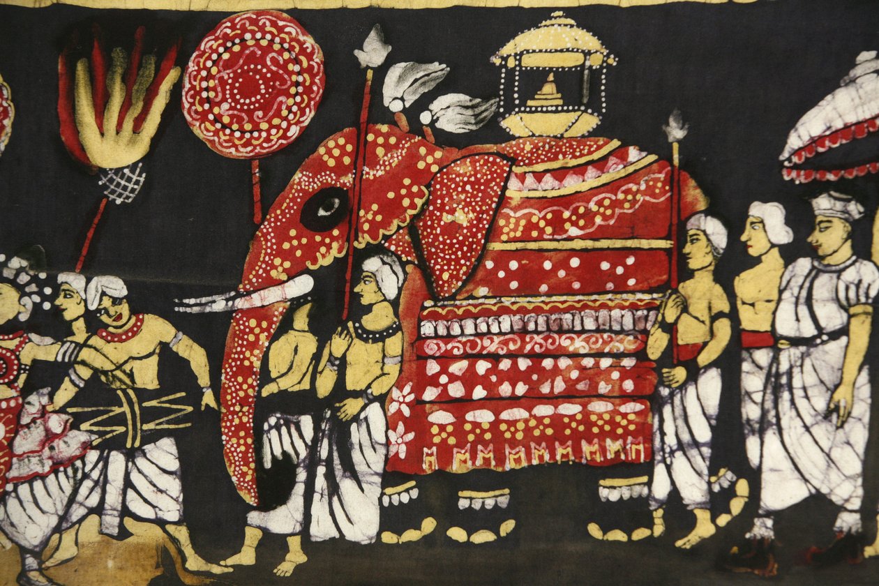 Cloth print depicting the sacred Buddha tooth relic pilgrimage in Kandy ...