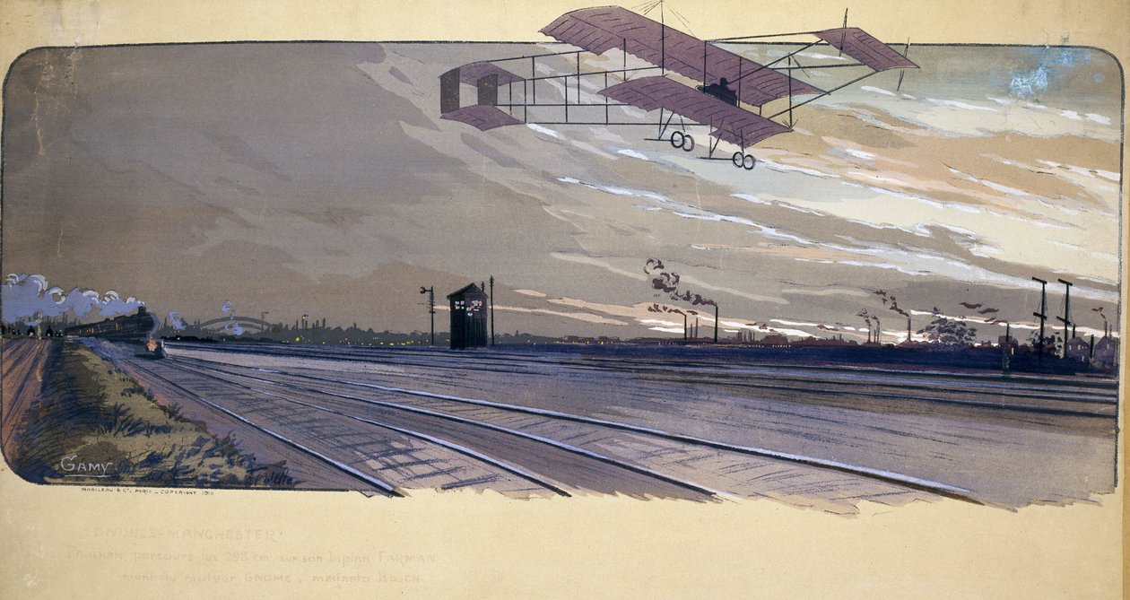 Early aviation: Louis Paulhan (1884-1963) flying over a railway track ...