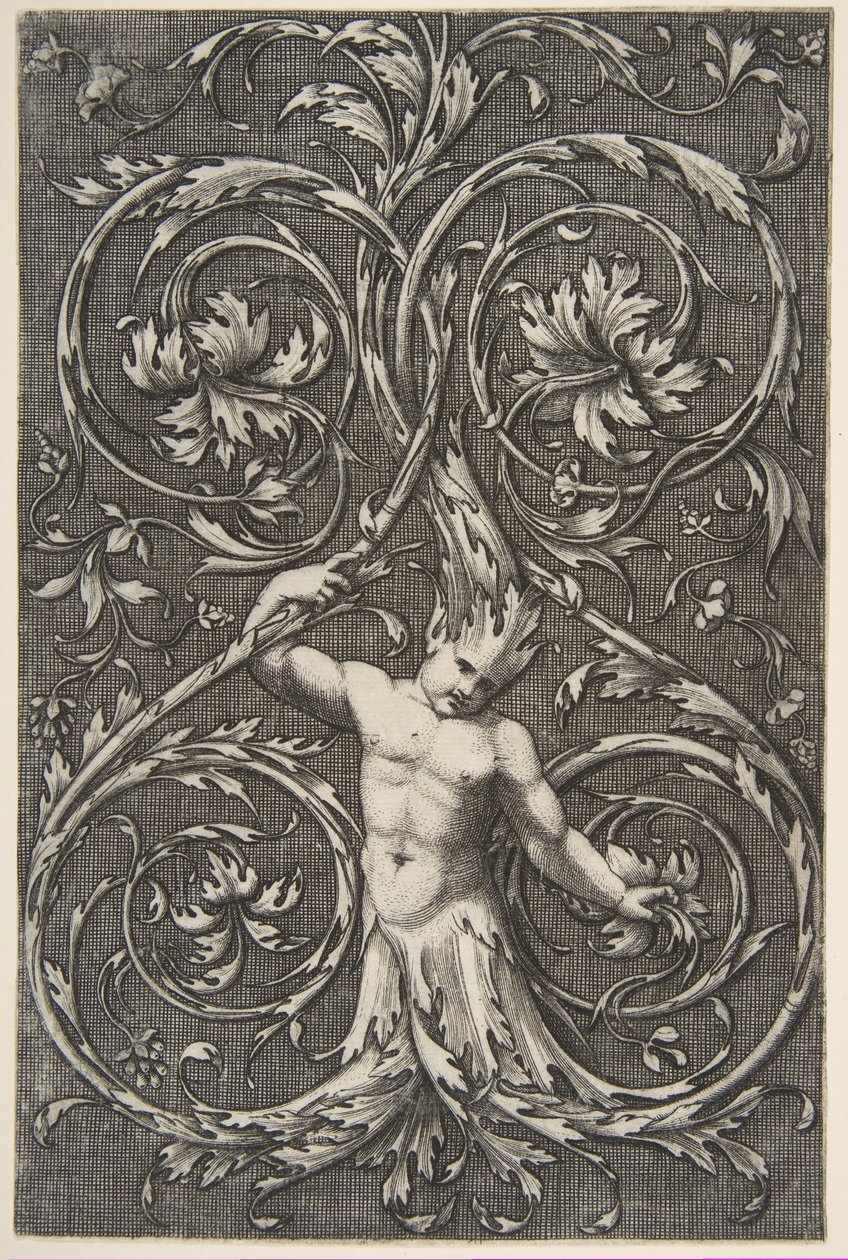 Grotesque with Male Figure with Lower Body and Head of Acanthus Scrolls