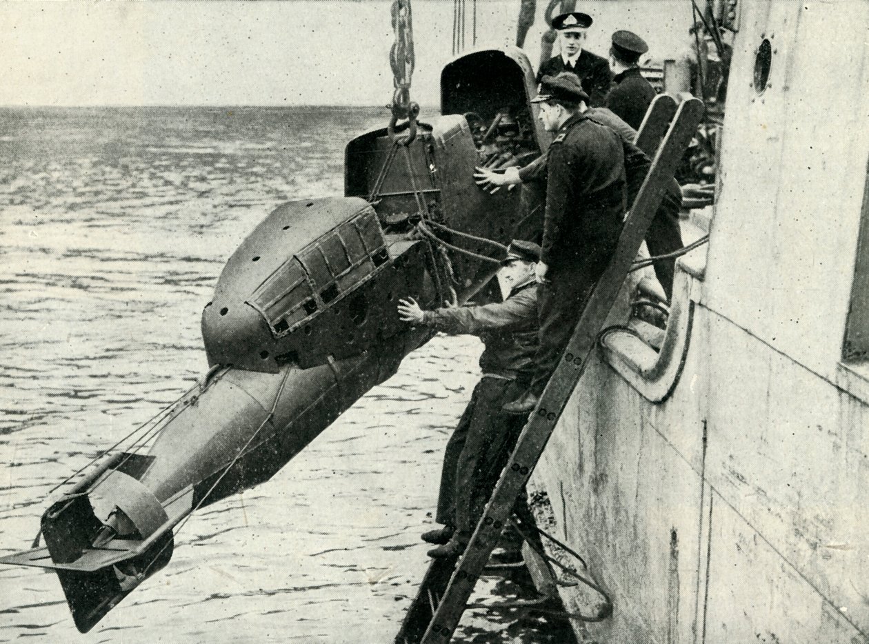 Hoisting a Chariot Manned Torpedo on Board a Ship, World War II