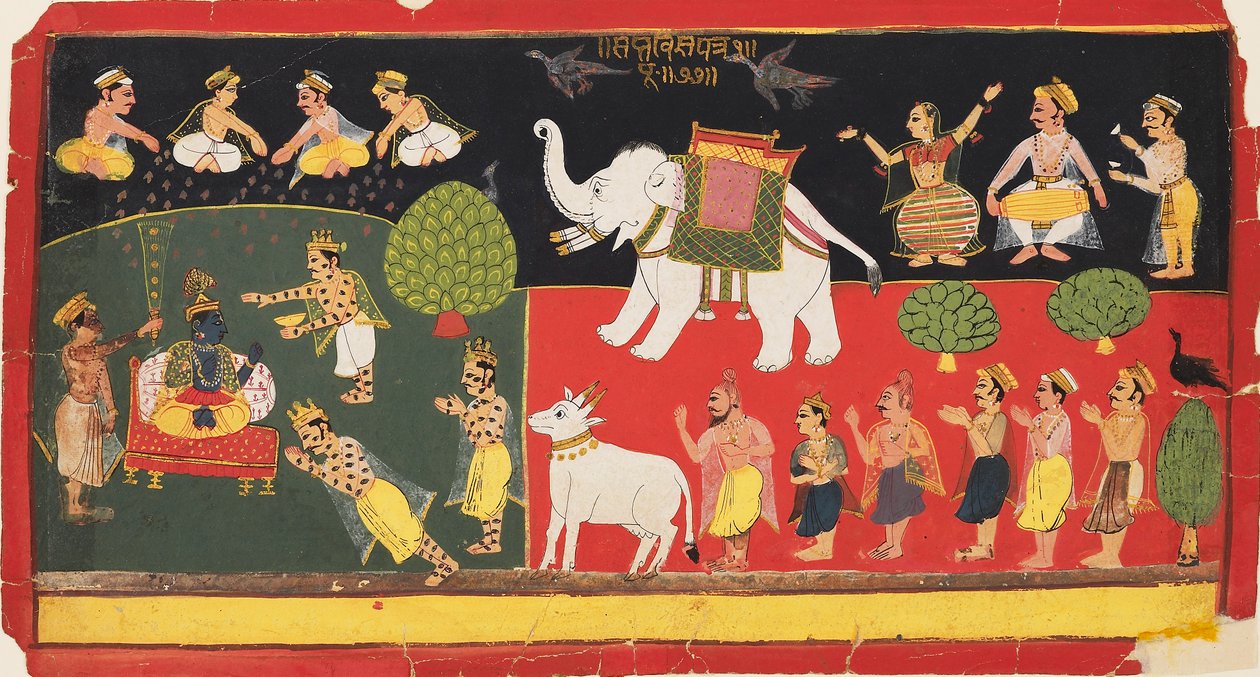 Krishna Revered by Indra Arriving on a White Elephant, c1720
