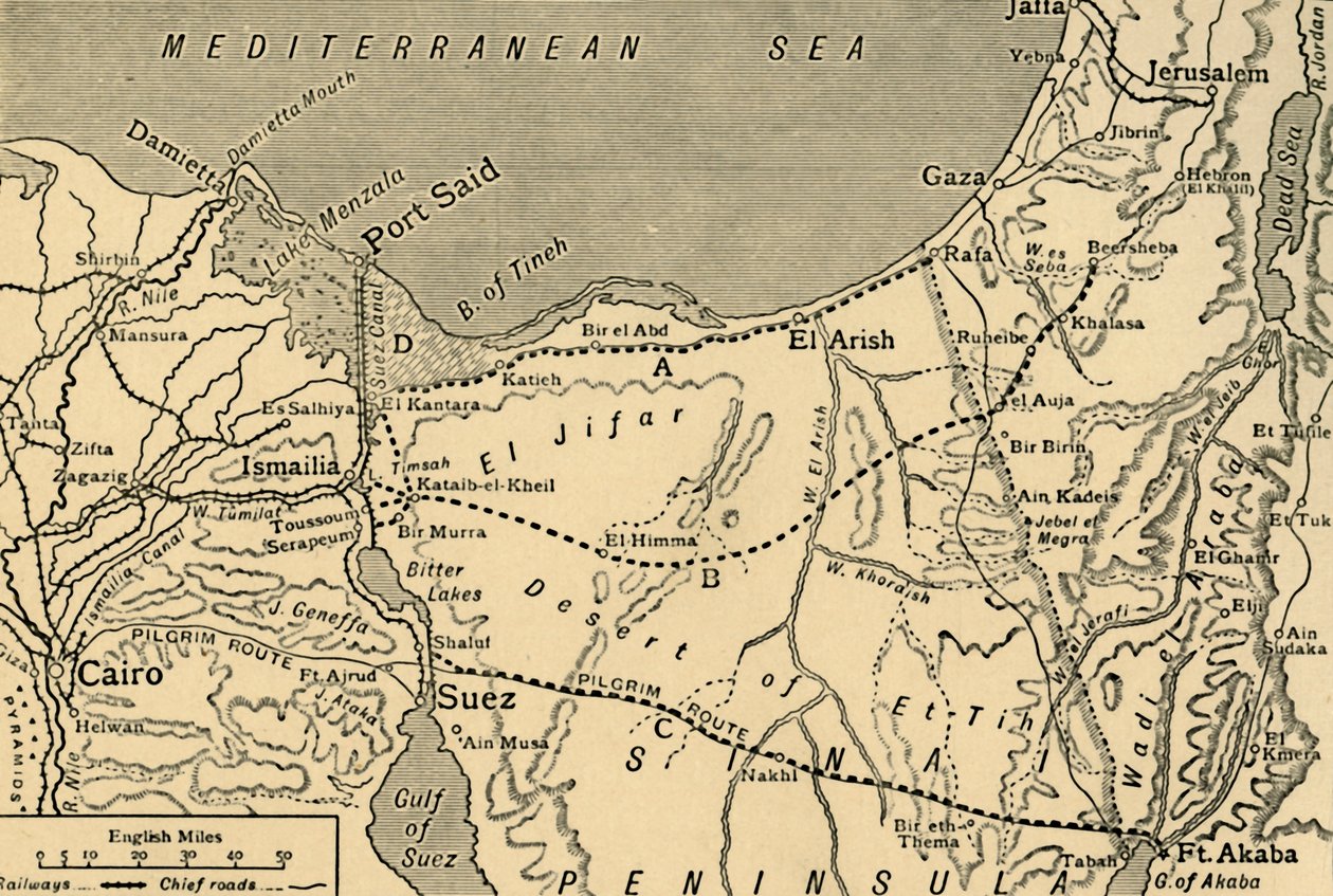Map of the Turkish attack on the Suez Canal, Egypt, First World War
