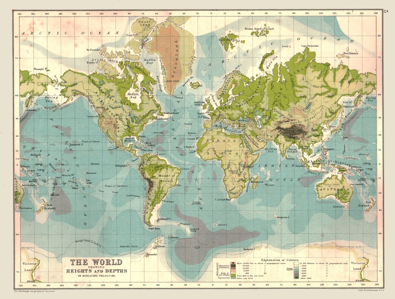 Map of the World Showing Heights and Depths, 1902