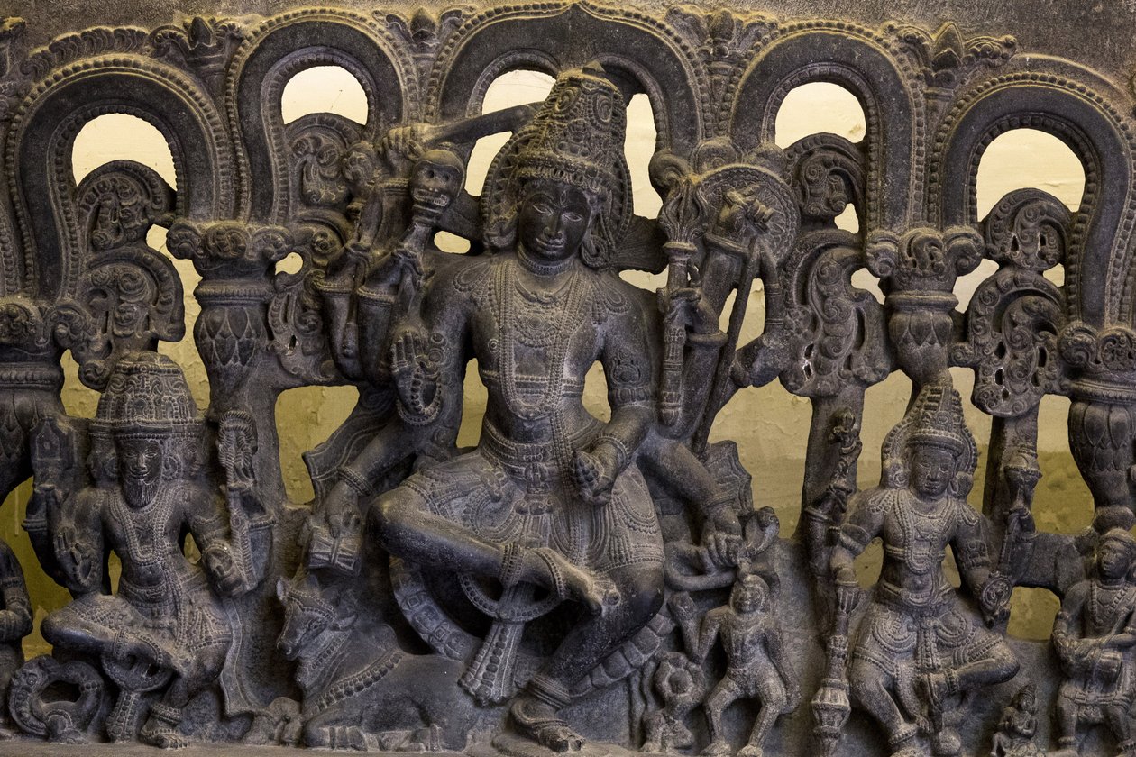 National Museum of India, Delhi. Lintel showing trinity (Brahma, Vishnu ...