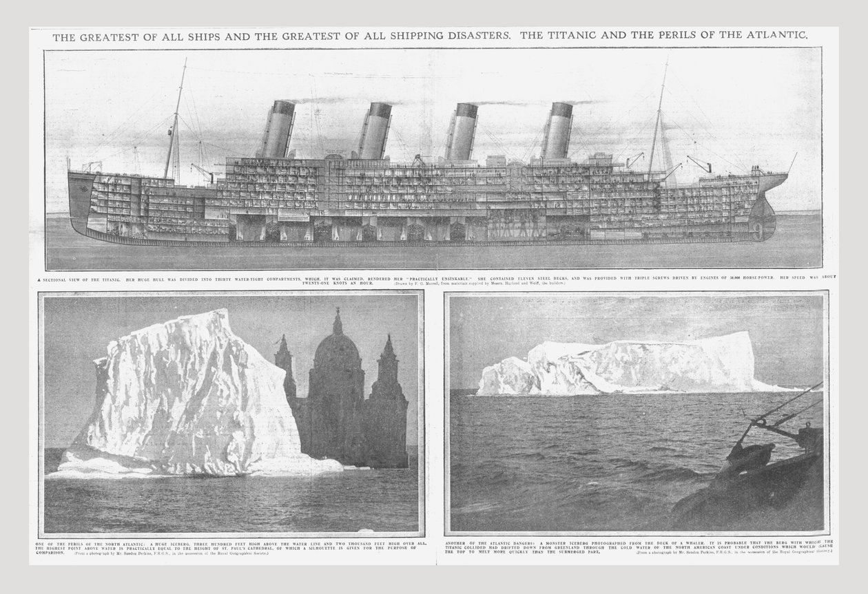 Sectional diagram of the Titanic, and icebergs, April 20, 1912