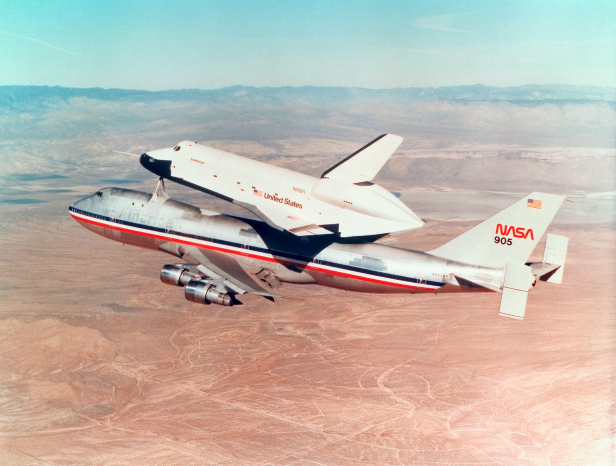 Space Shuttle Orbiter Mounted on Top of a Boeing 747 Carrier Aircraft
