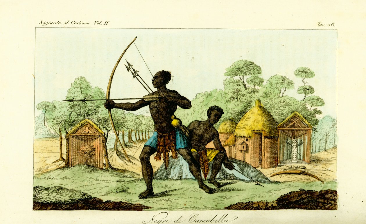 Two Luanda men of Cancobella, Angola, with bows and arrows, in front of ...