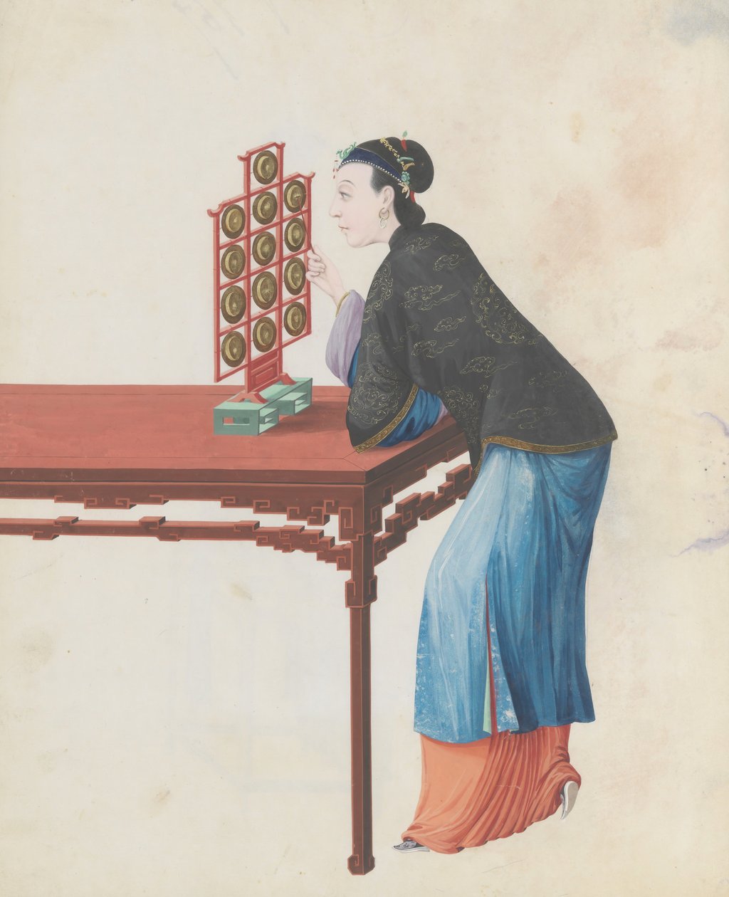 Watercolour of musician playing yunluo by Unbekannt