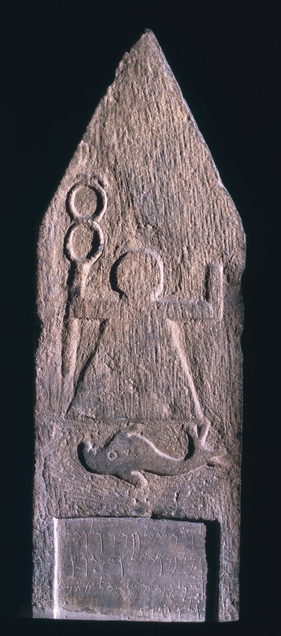 Votive stele depicting Tanit, goddess of Carthage, holding a caduceus ...