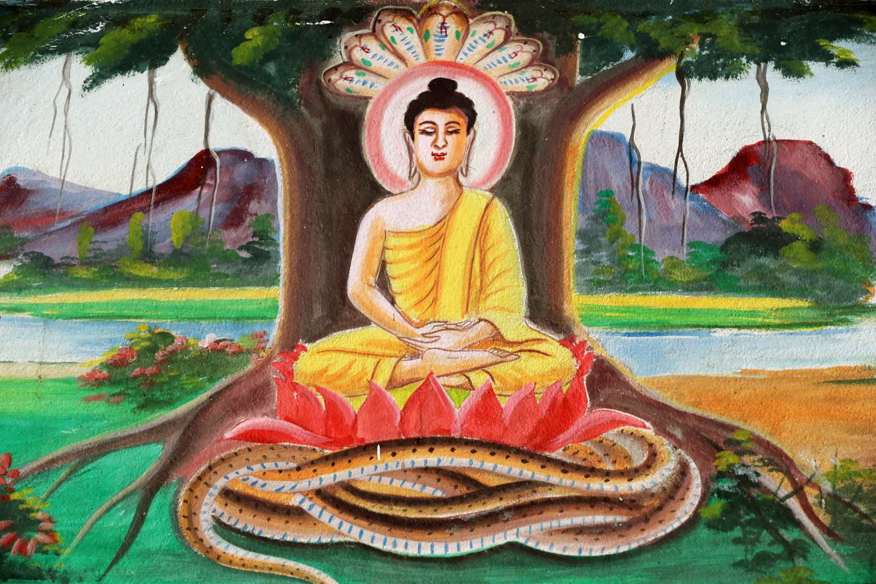 Painting Depicting the Life Story of Shakyamuni Buddha. Buddha Sitting in the Meditation Pose Under the Bodhi Tree Vang Vieng Laos 2015