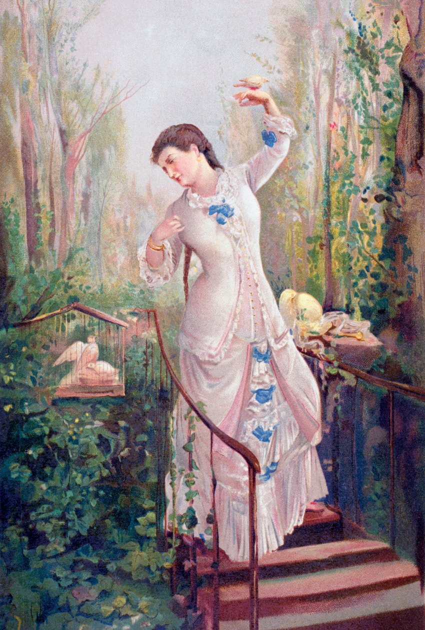 A 19th century woman in a garden with turtledoves, after the painting ...