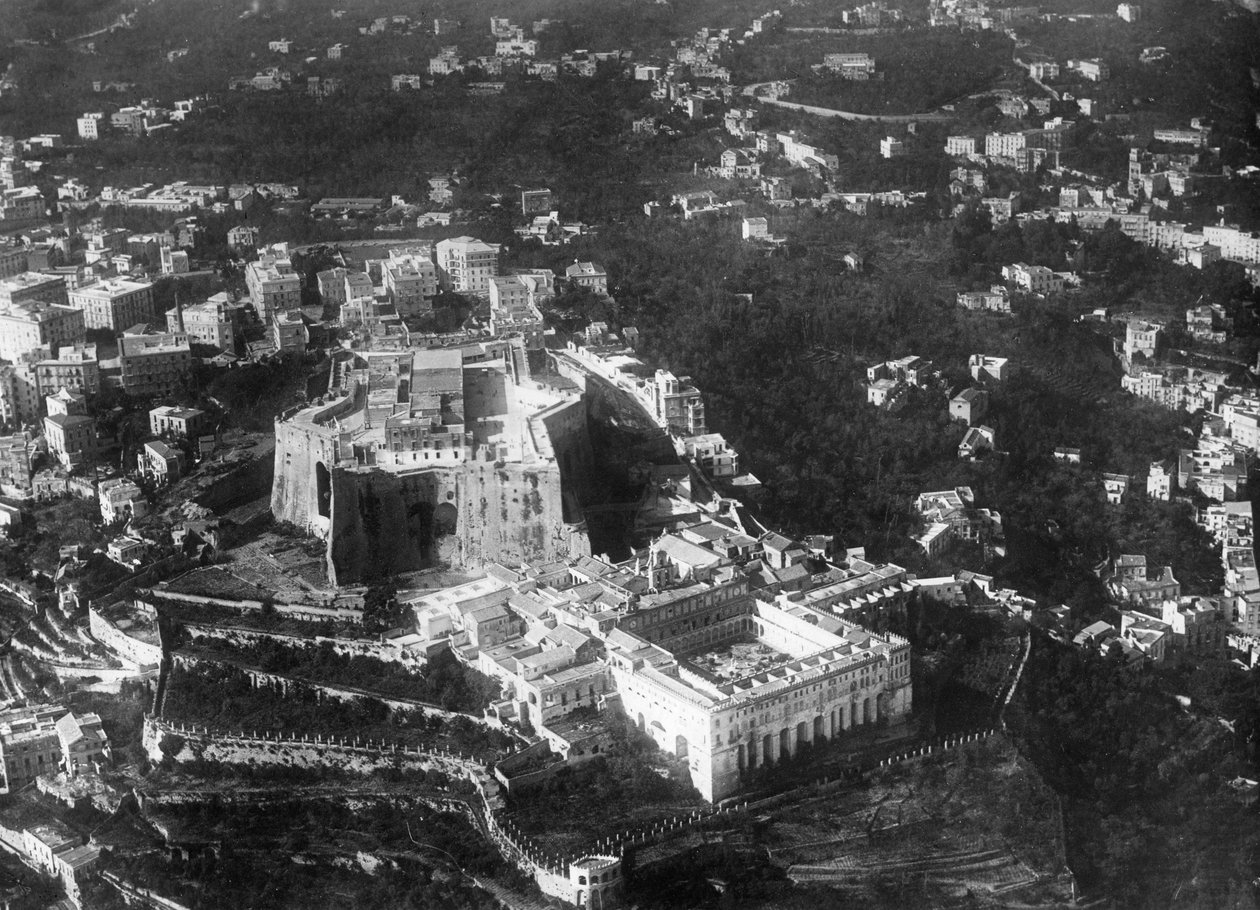Aerial view of Naples, Italy showing the medieval hilltop fortress ...