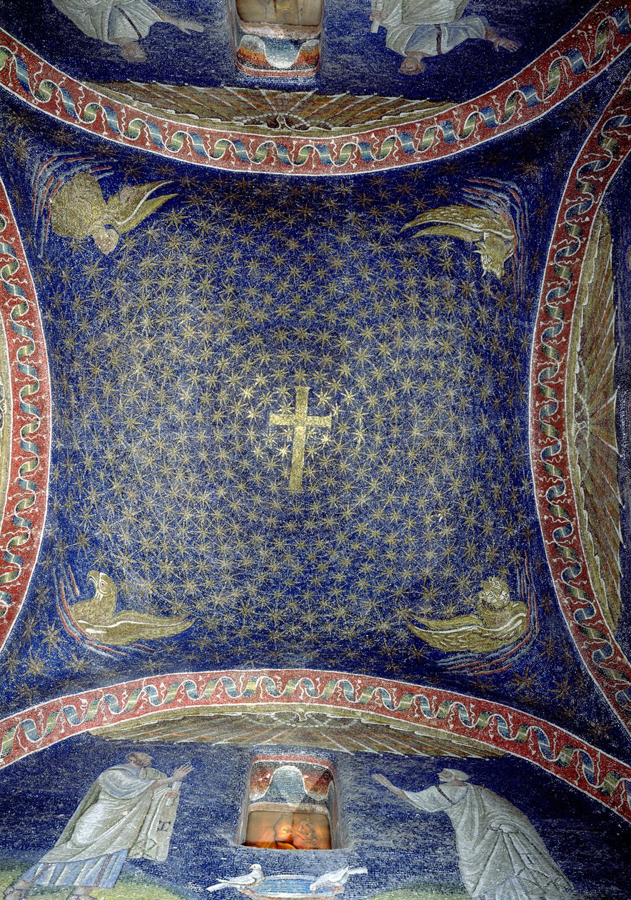 Central vault depicting a golden cross in a star strewn sky with the ...