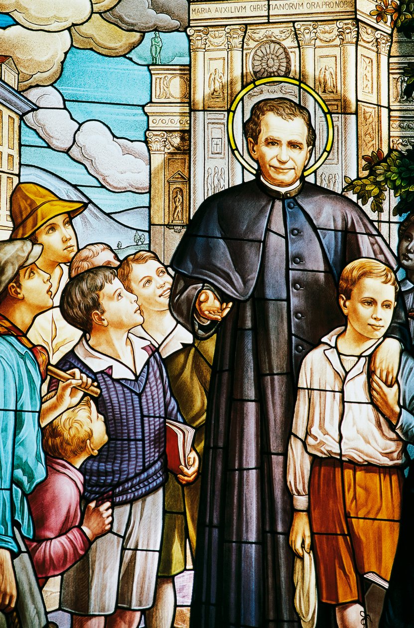 Don Bosco and children, stained glass window, Colle Don Bosco Sanctuary ...