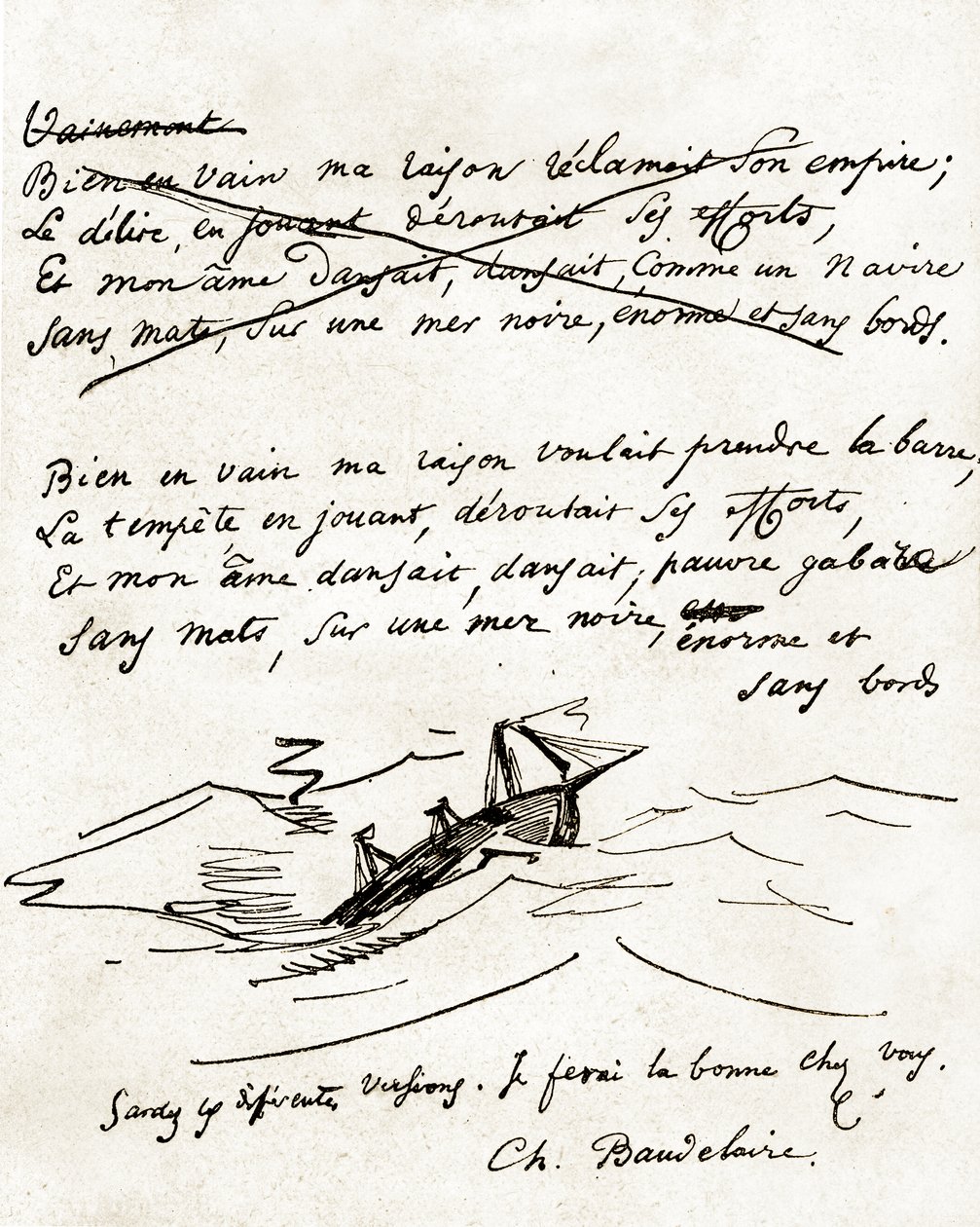 Manuscript by Charles Baudelaire, illustrated with a drawing of a boat