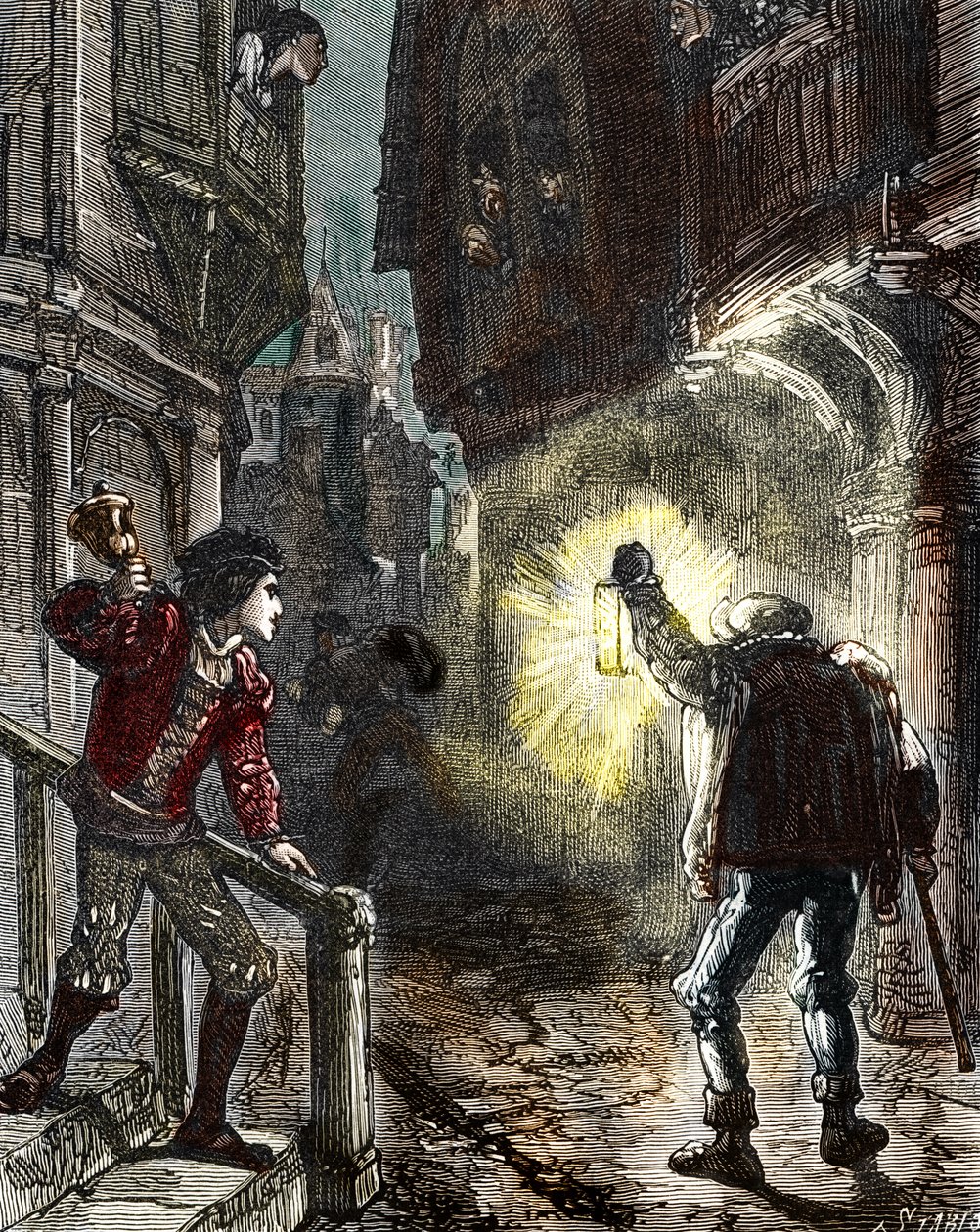 Night watchmen watch the streets of Paris in the Middle Ages and ...