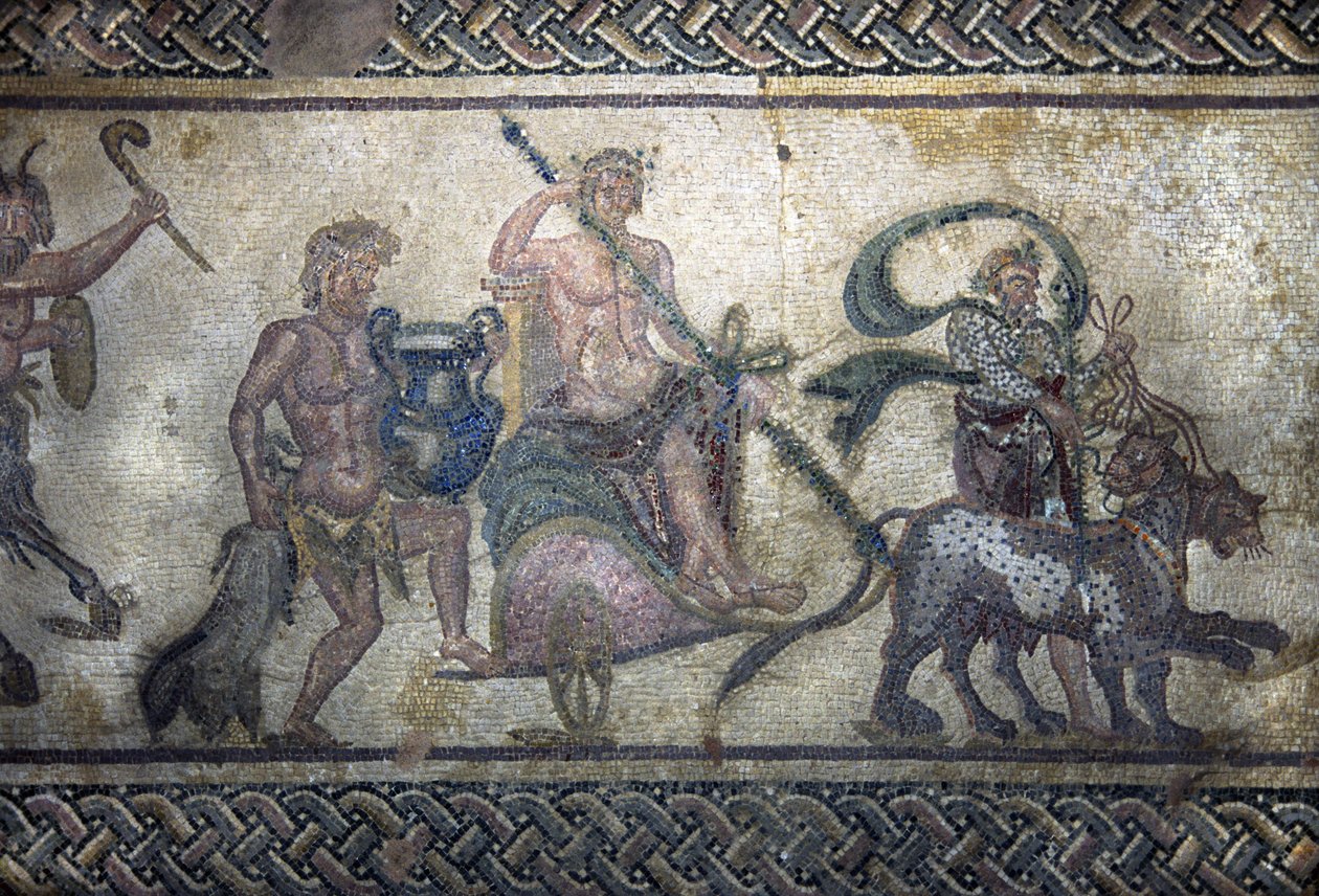 Roman art: the triumph of Dionysus. The god climbed on a tank in the ...
