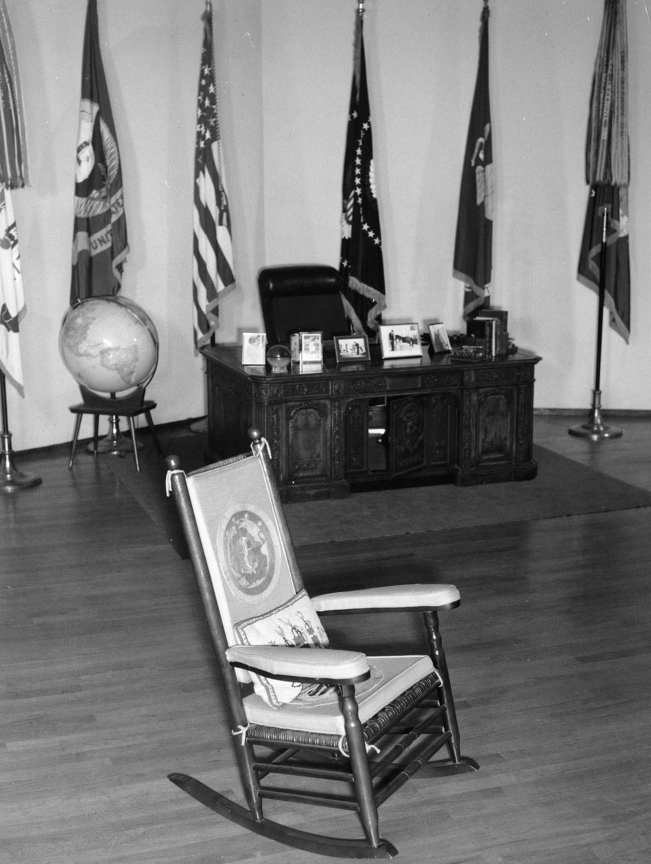 The famous rocking chair of President John Fitzgerald Kennedy his desk and other memorabilia on display. Milan. 1965