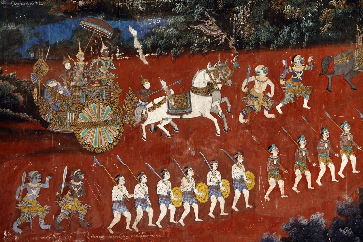 Murals depicting stories from the Reamker in the Silver Pagoda compound ...