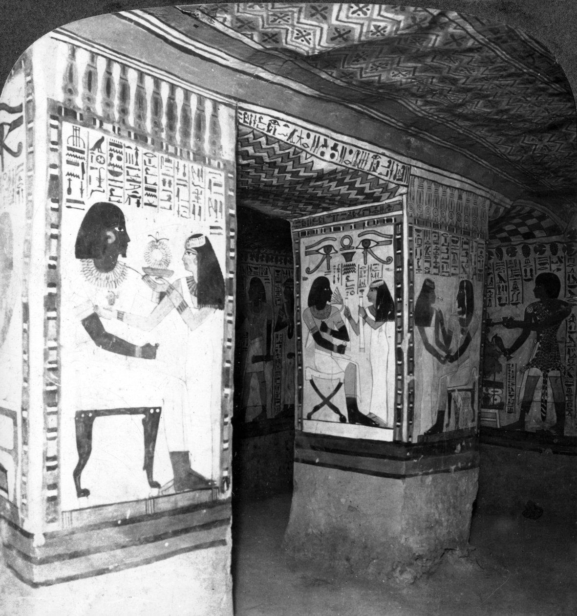 Painted tomb chamber hewn in the rock of the cliffs at Thebes, Egypt