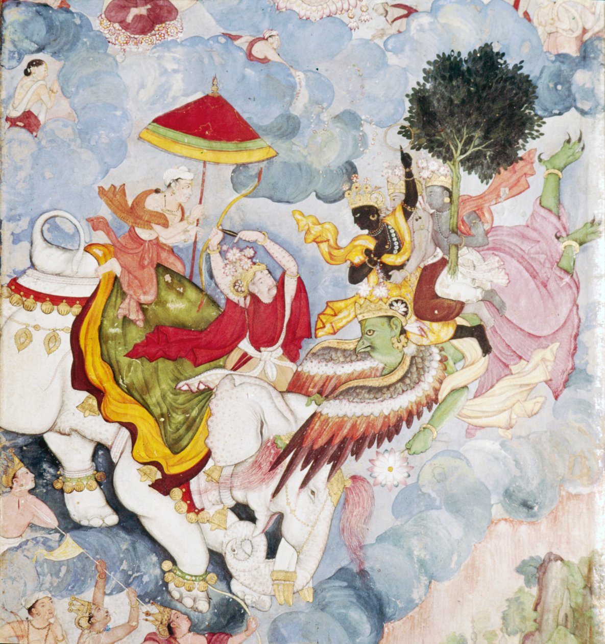Krishna on Bird-God Garuda Fights Indra on Elephant, Harivamsa Manuscript