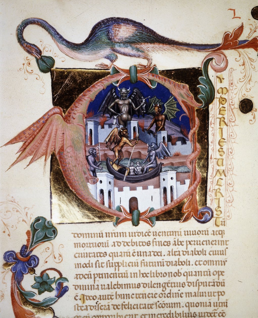 A Miniature 'A' Letter Representing the City of the Devil. 14th Century Manuscript 'De Civitate ...