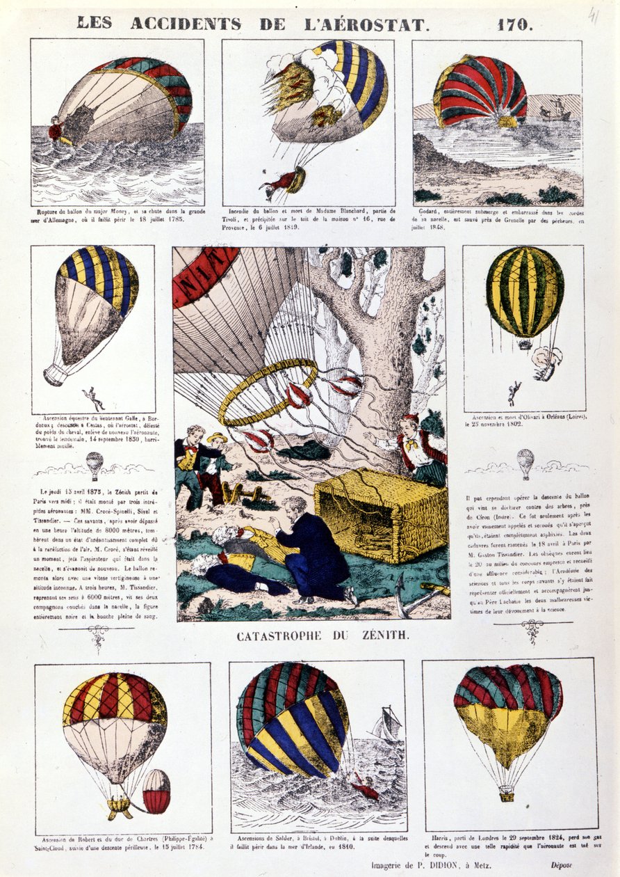 Aerostats Accidents. 19th Century Illustrated Chart