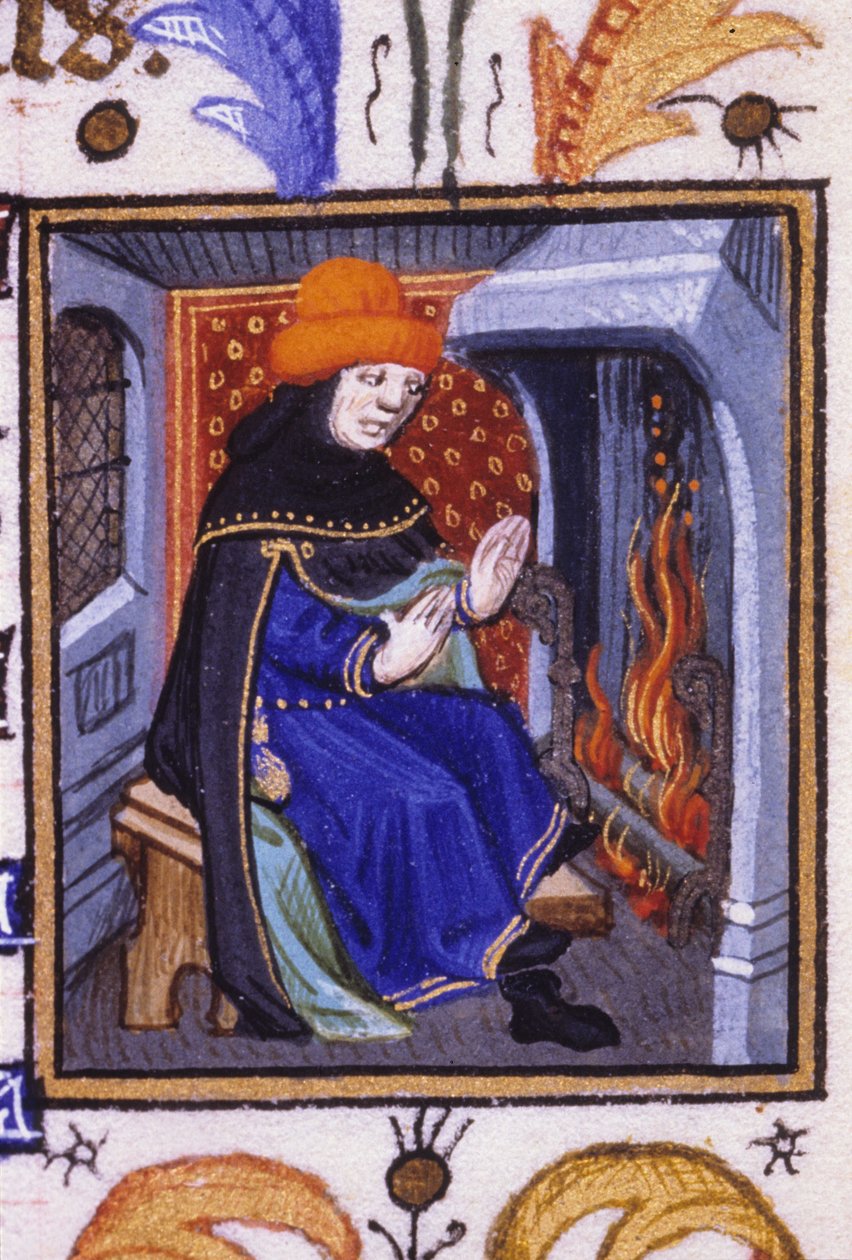 Allegoric representation of February. A man gets warm in front of his ...
