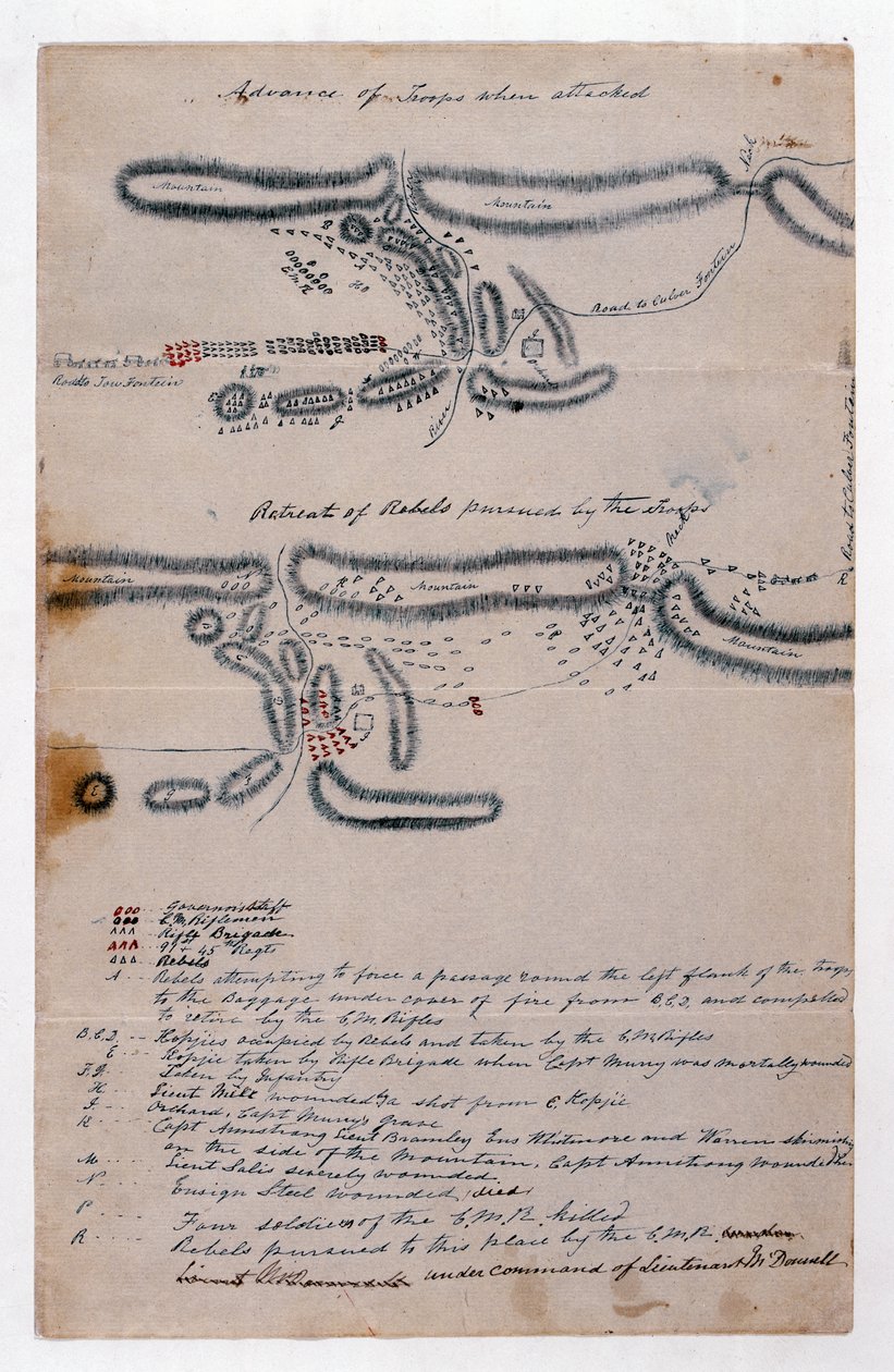 Annotated sketch map of the Battle of Boomplaats, 29 August 1848