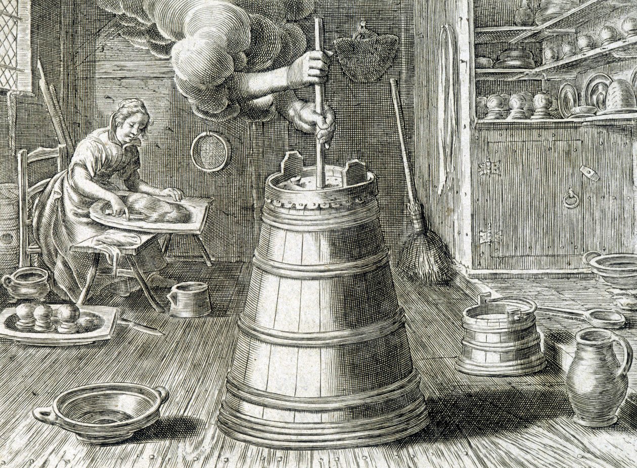 Churn for butter and cheese making - engraving
