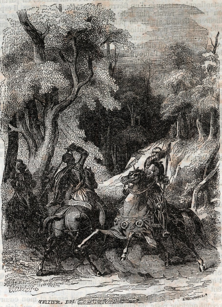 Battle between Roland and Ferragus - engraving of 1851 from Furious ...