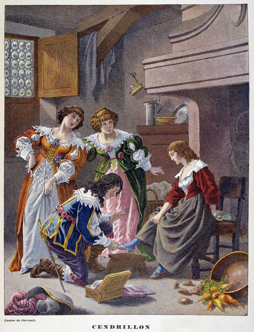 Cinderella tries the slipper of vair - in 'Les Tales de Perrault'