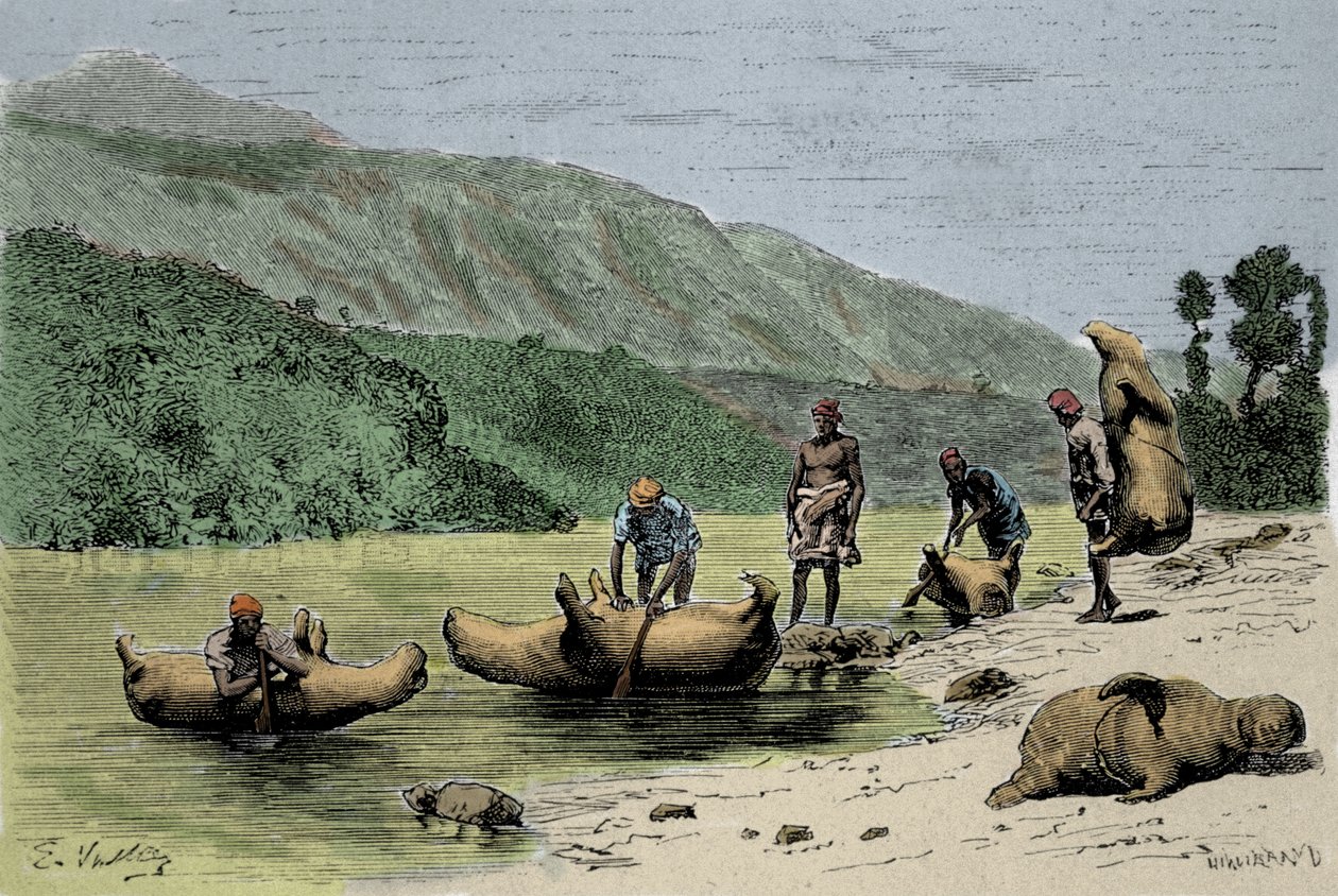 Skins of Inflated Animals Used to Cross Rivers