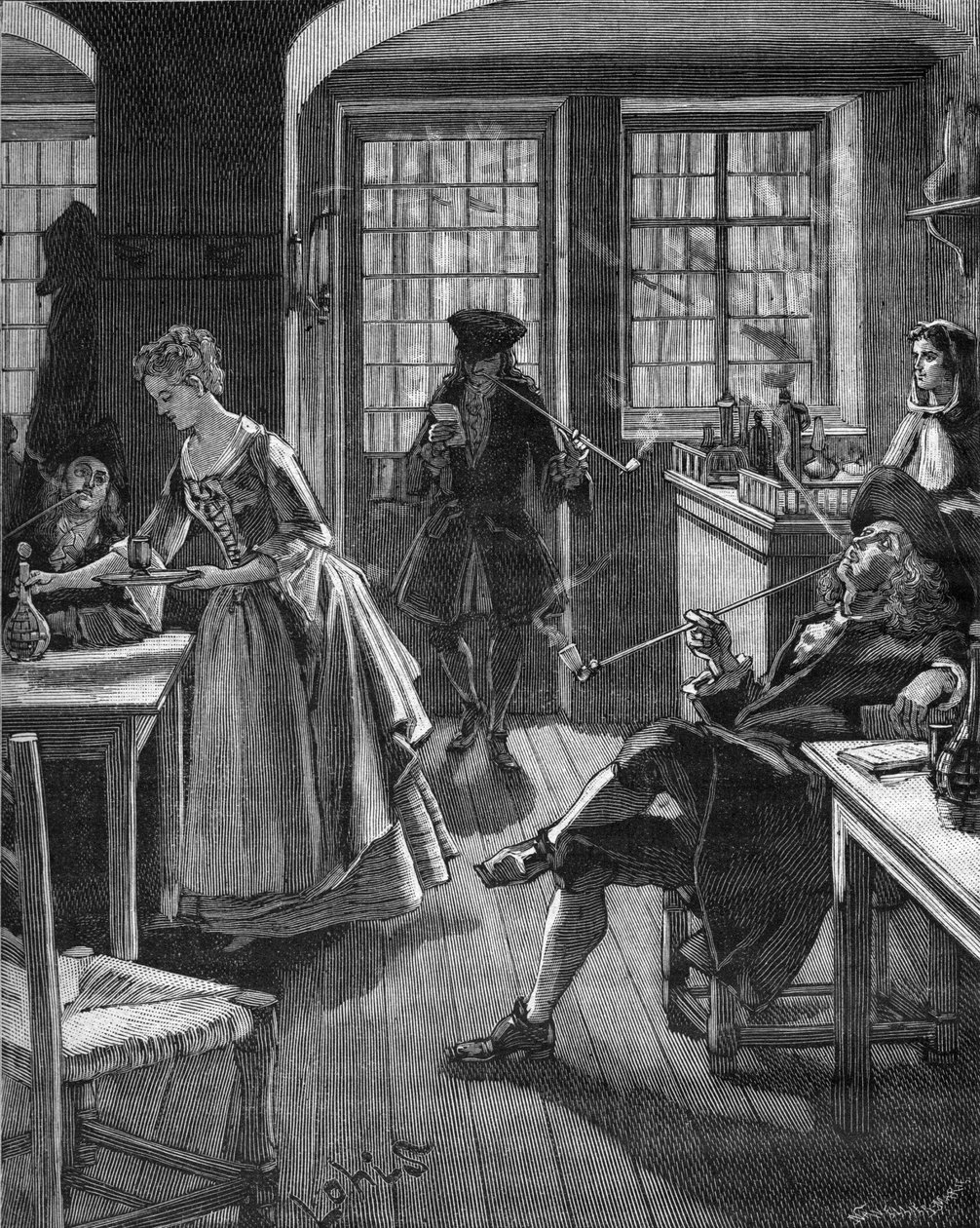 England, late 17th century: men smoking in a cafe. Engraving of the ...