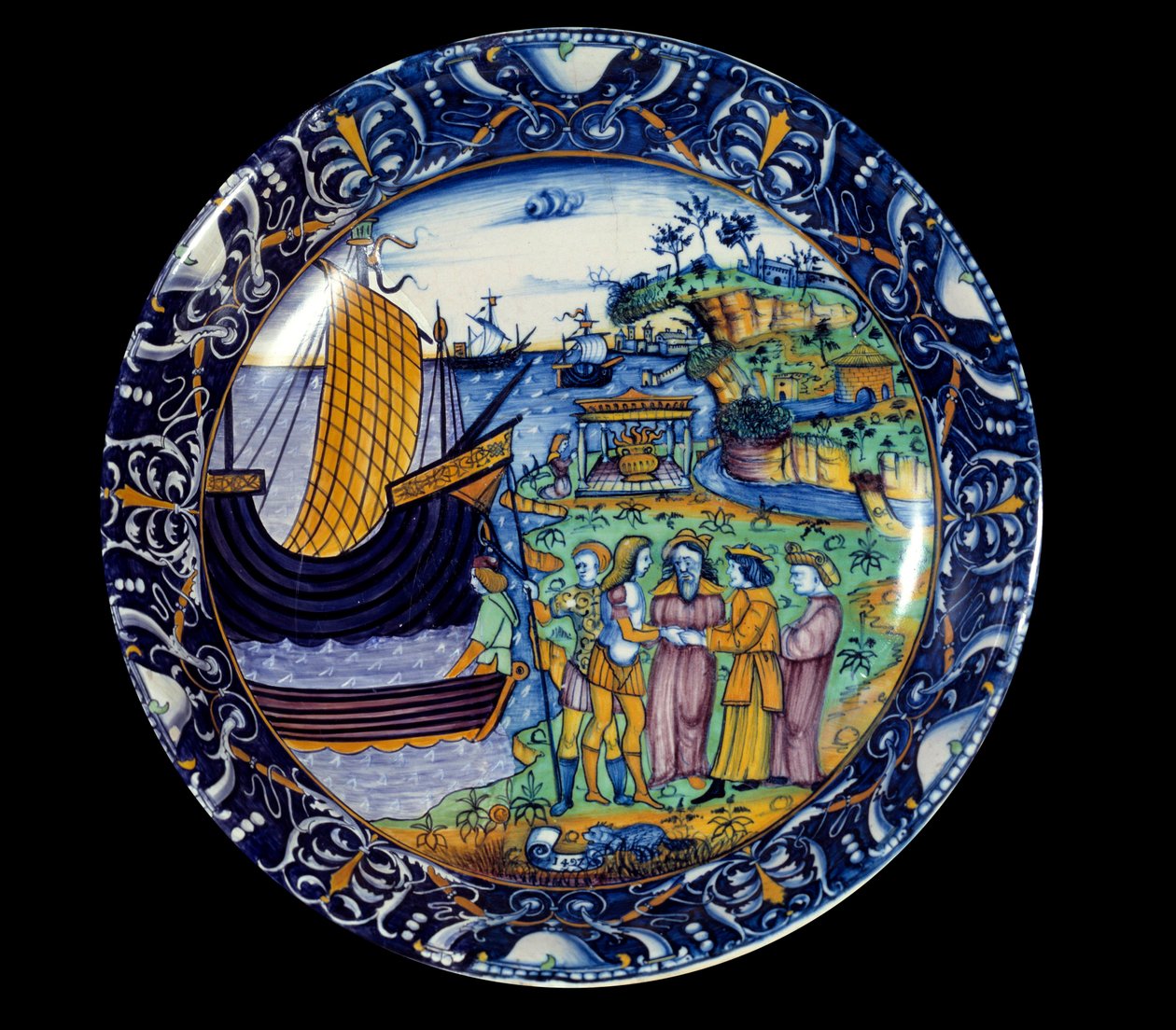 Faience dish representing the arrival of Aeneas in Delos received by ...