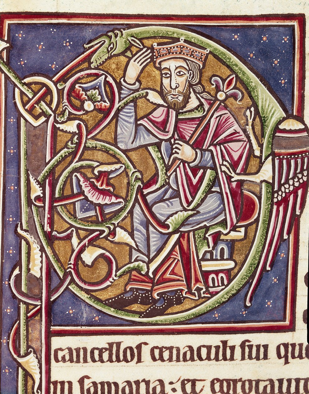 Lettrine P decorated with the representation of the king of the land of ...