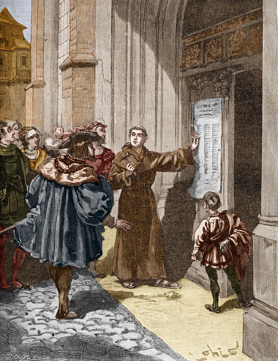Martin Luther hanging his 95 theses in Wittenberg