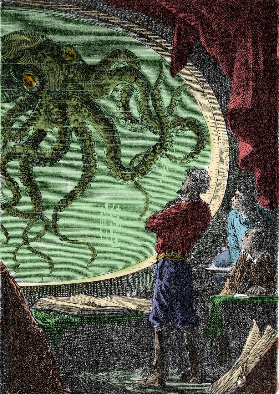 Ned Land, Professor Aronnax and his servant Conseil look at the Giant ...