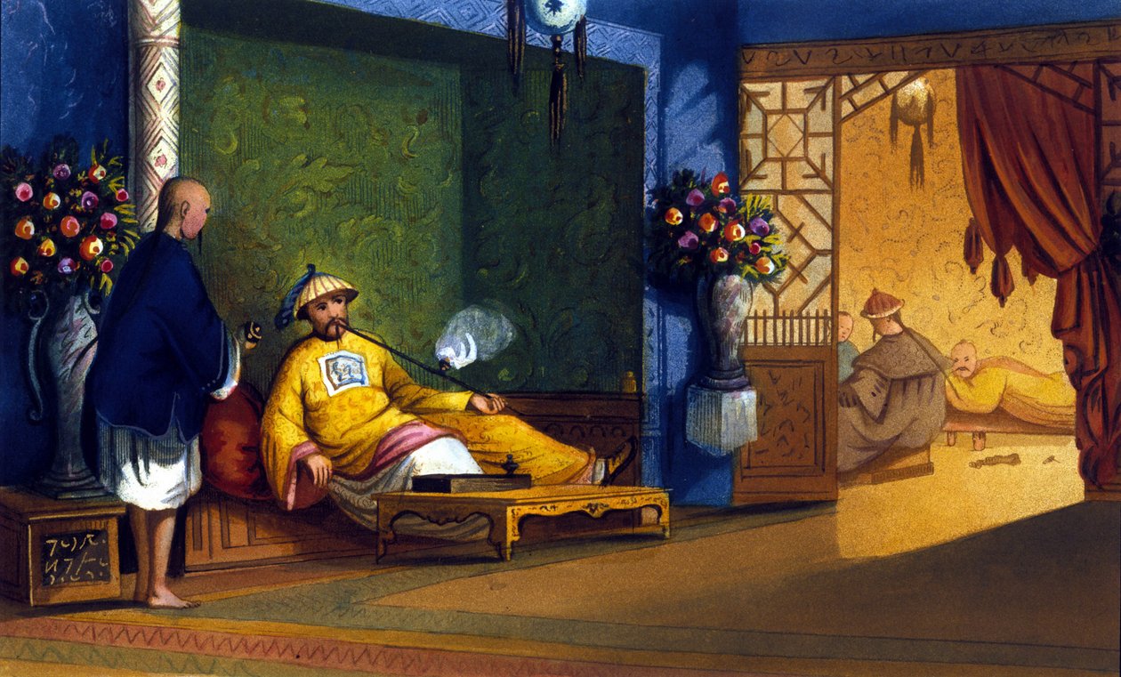 Opium fumery in China, engraving around 1830
