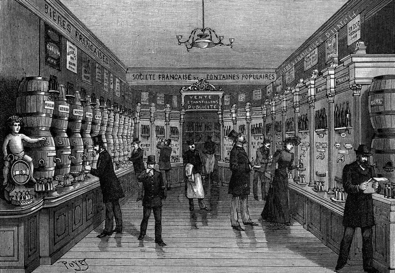 Overview of a bar with vending machines, rue Montmartre, in Paris