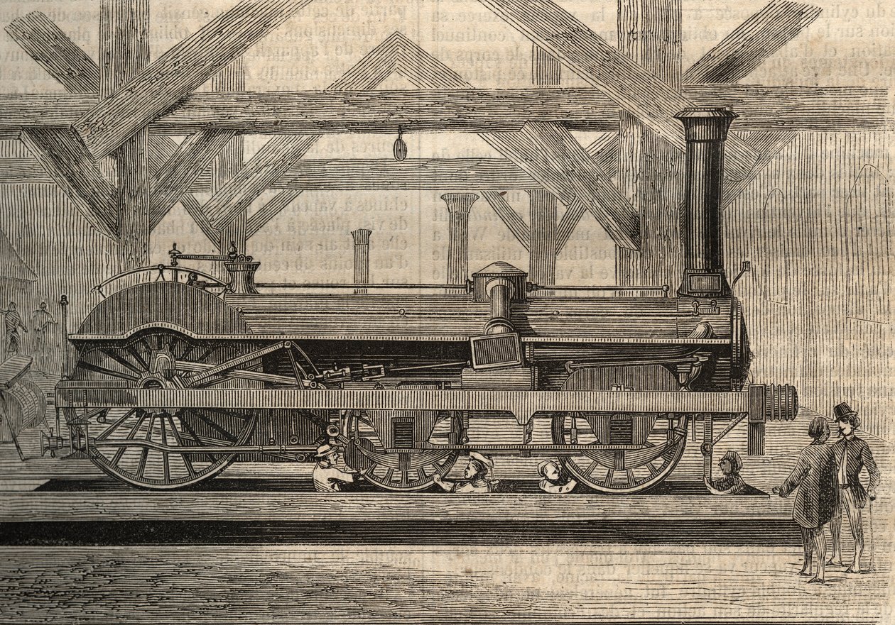 Steam Locomotive Model, Crampton System Named Thomas Russell Crampton. Engraving from 1856